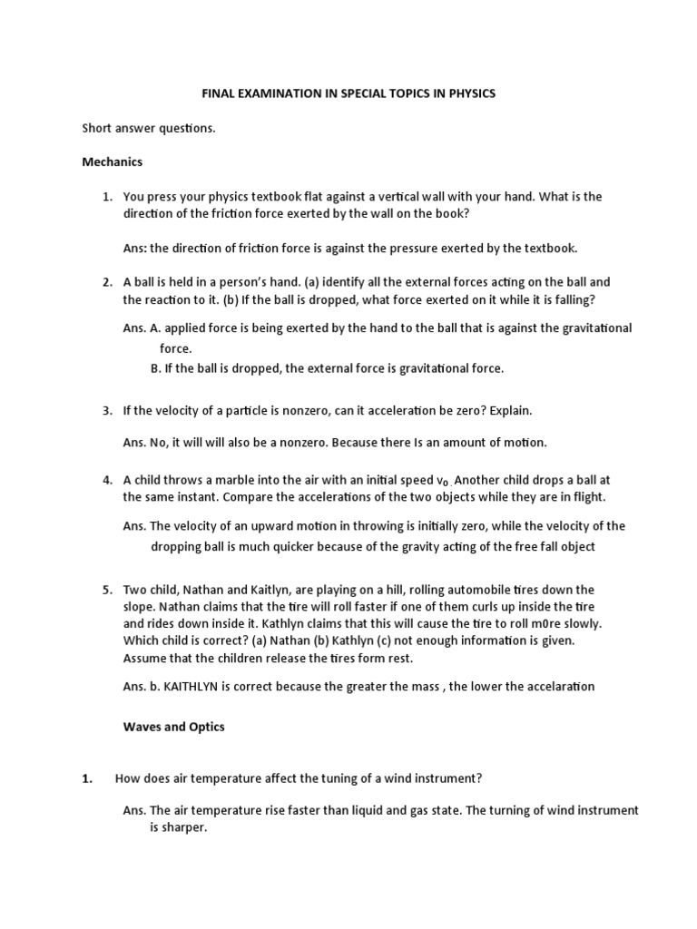 Comprehensive Examination in Special Topics in Physics: Mechanics, Waves and Optics ...