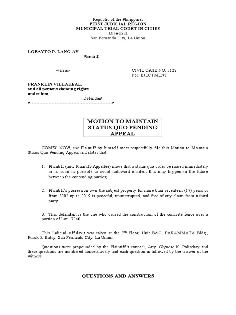 Motion To Maintain Status Quo | PDF | Affidavit | Perjury