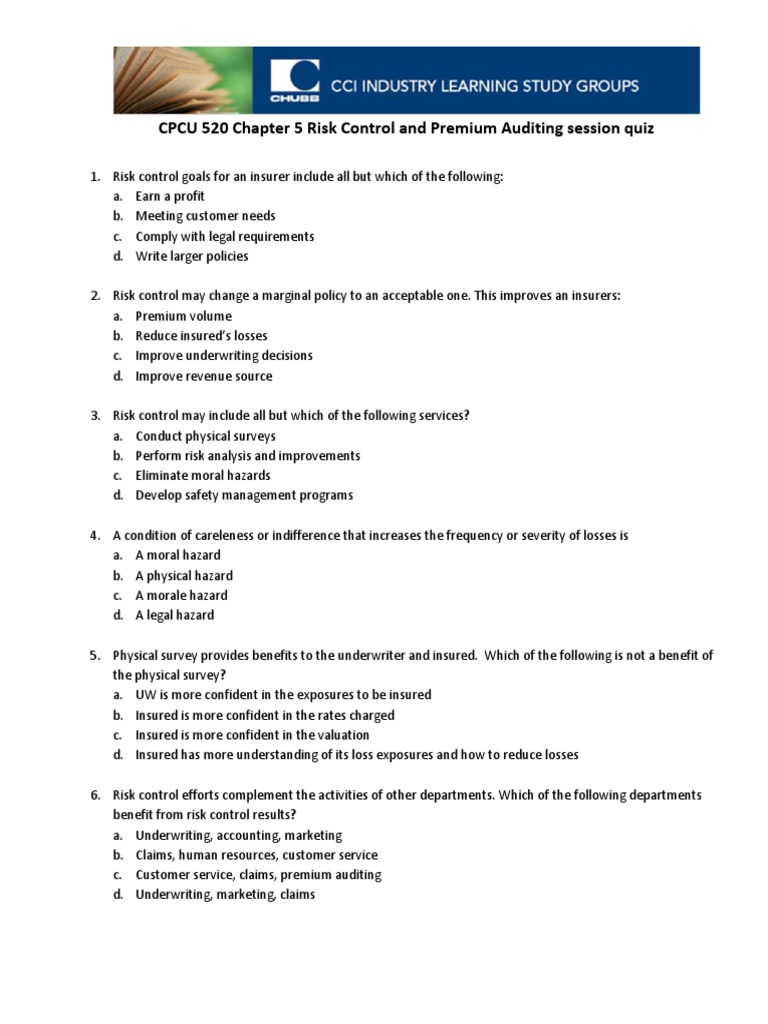 CPCU 520 Chapter 5 Risk Control and Premium Auditing Session Quiz | PDF ...