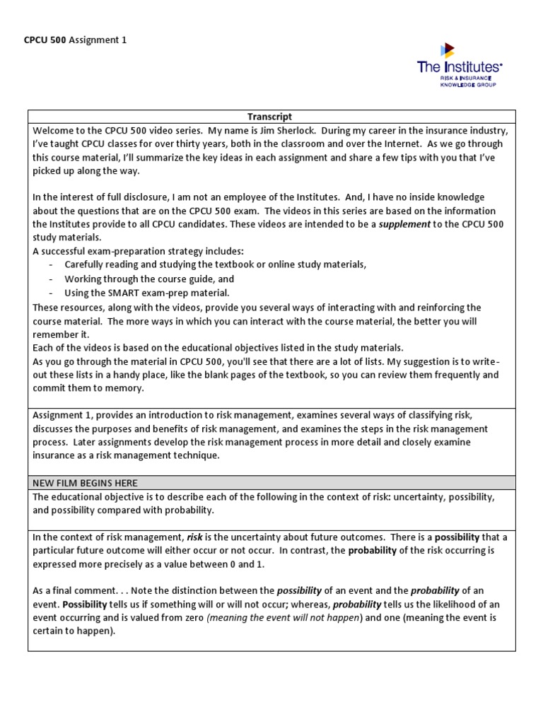 CPCU 500 1 Transcript 1 | PDF | Risk | Risk Management