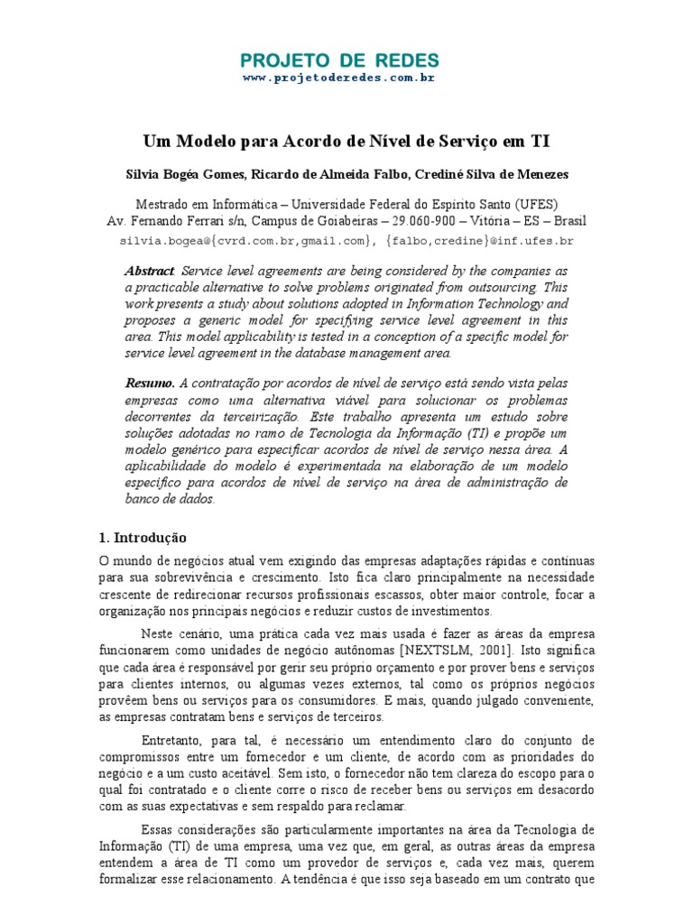 Modelo SLA | PDF | Tecnologia da Informação | Acordo de Nível de ...