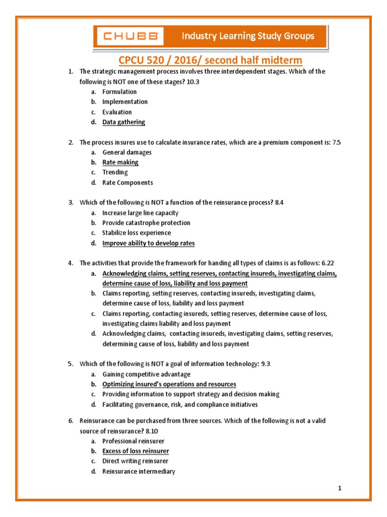 CPCU 520-2016 - Second Half Mid Term With Answers | PDF | Insurance | Reinsurance