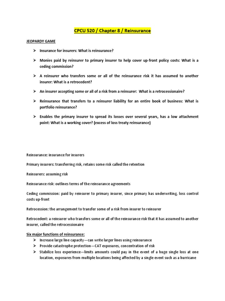 CPCU 520-Ch 8-Reinsurance-Notes Session Questions | PDF | Reinsurance ...