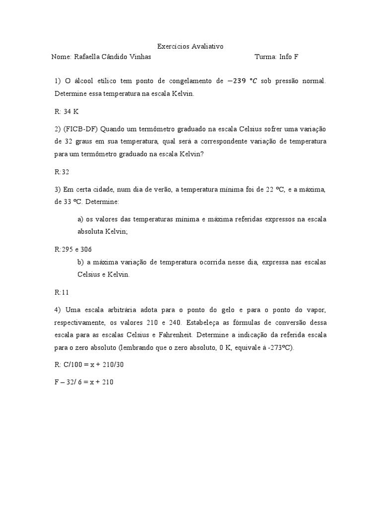 Exercícios de conversão de escalas de temperatura | PDF