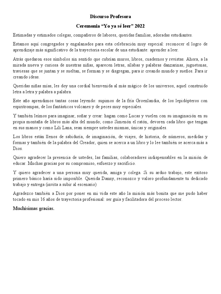 Discurso Profesora Yo Ya Sé Leer 2022 | PDF
