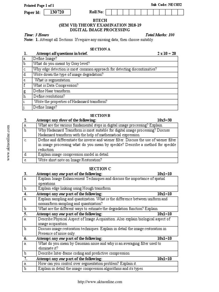 BTech Digital Image Processing Exam | PDF | Data Compression | Telecommunications Engineering