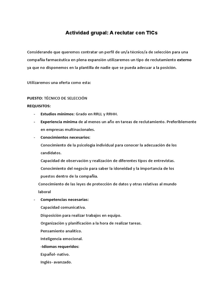 Actividad Grupal - A Reclutar Con TICs | PDF | Reclutamiento | Gestión de recursos humanos