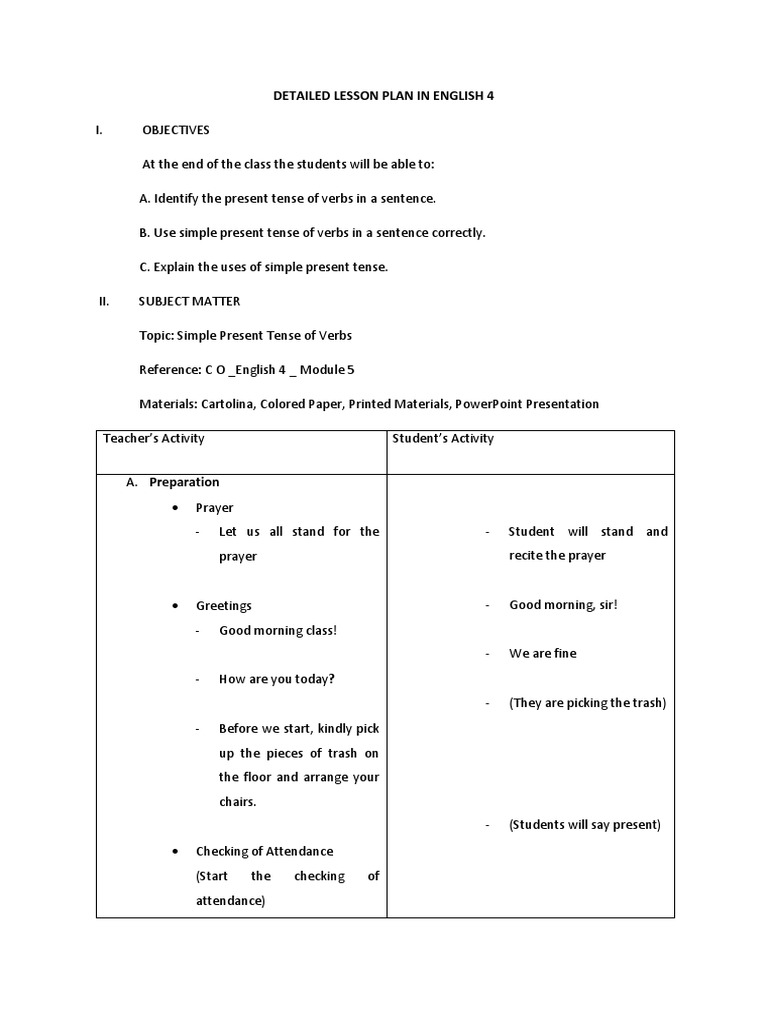 Detailed Lesson Plan in English 4 | PDF | Verb | Grammatical Tense