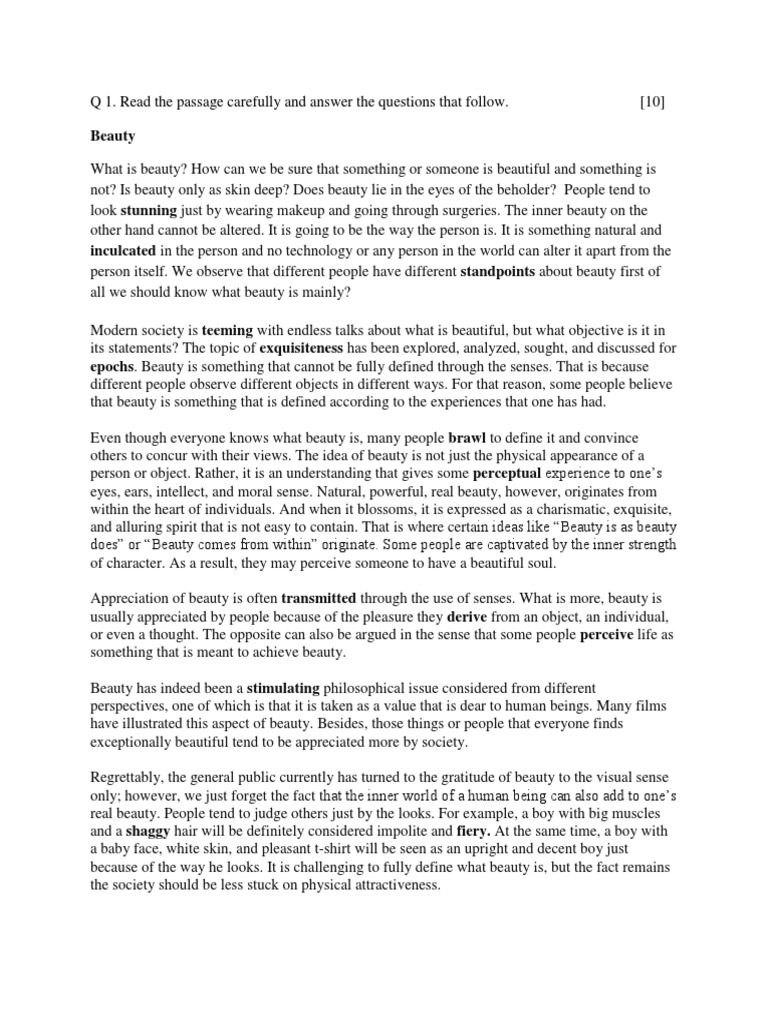 Beauty: Q 1. Read The Passage Carefully and Answer The Questions That ...