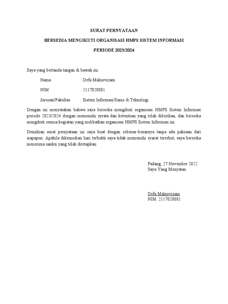 Surat Pernyataan Ormawa | PDF