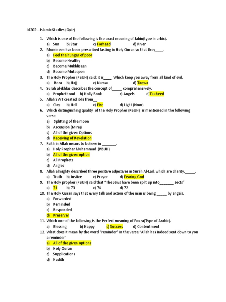 Isl202 Quiz | PDF | Prophets And Messengers In Islam | Abrahamic Religions