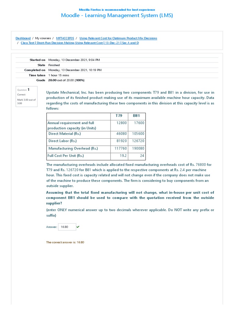 Class Test - Short-Run Decision Making Using Relevant Cost - 13-Dec-21 ...