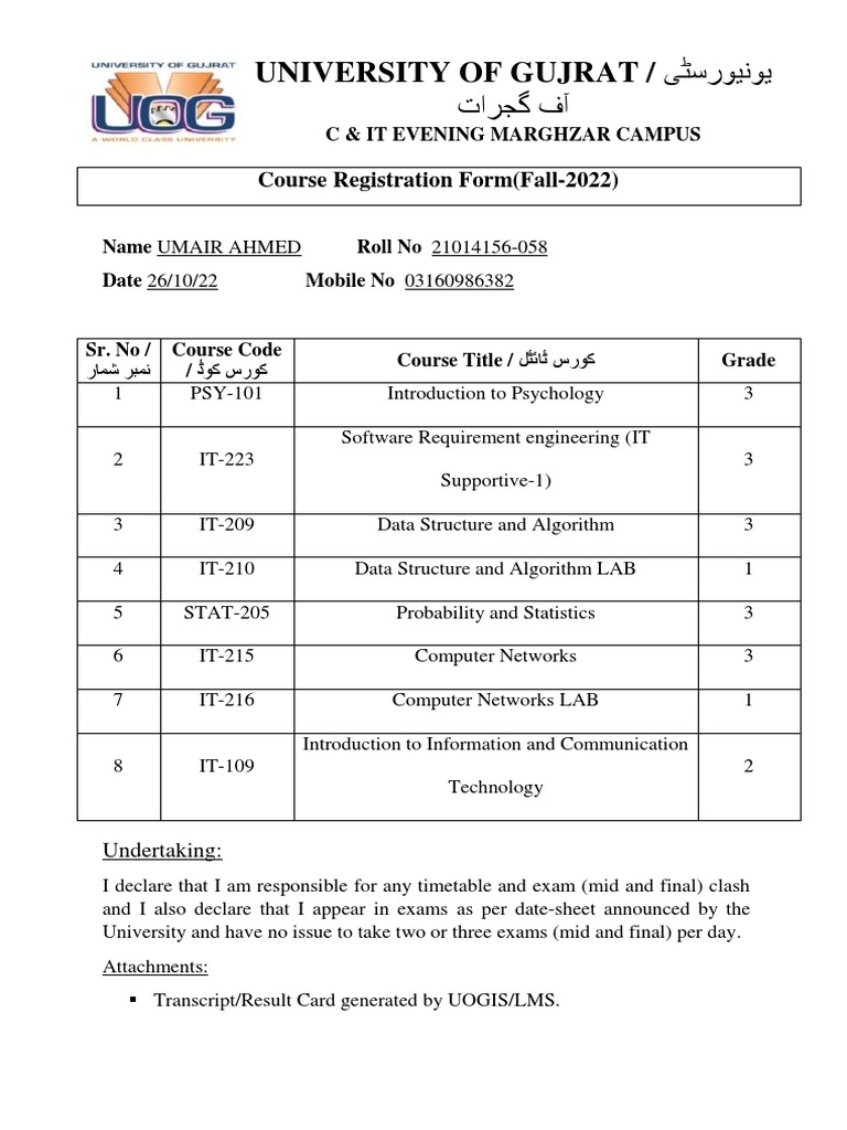 Course Registration Form For Repeaters | PDF