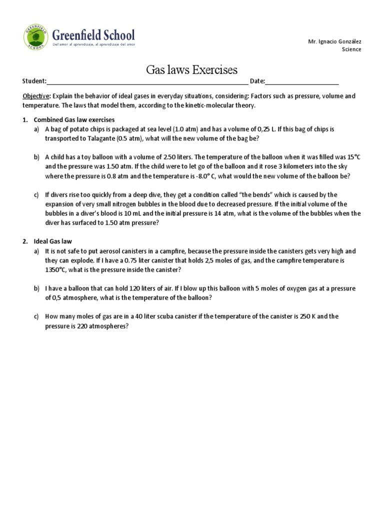 Gas Laws Exercises for Talagante | PDF