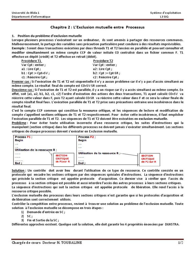 Chapitre 2 - L'Exclusion Mutuelle | PDF | Système d'exploitation | Processus (informatique)