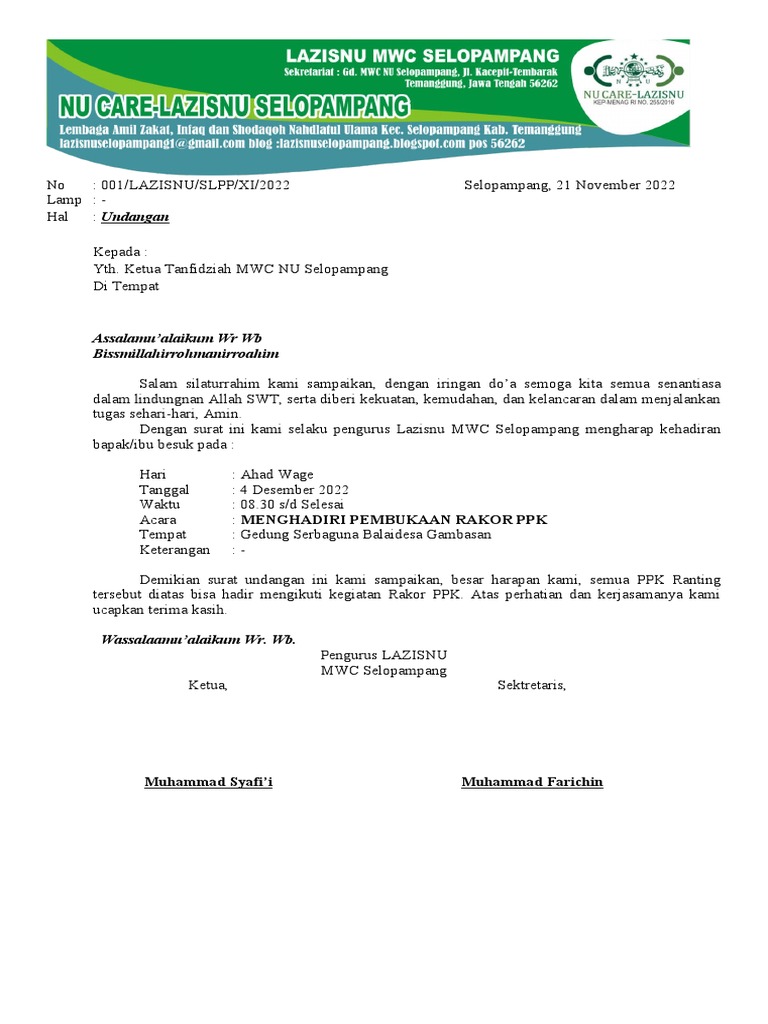 CONTOH UNDANGAN LAZISNU Rakor PPK | PDF