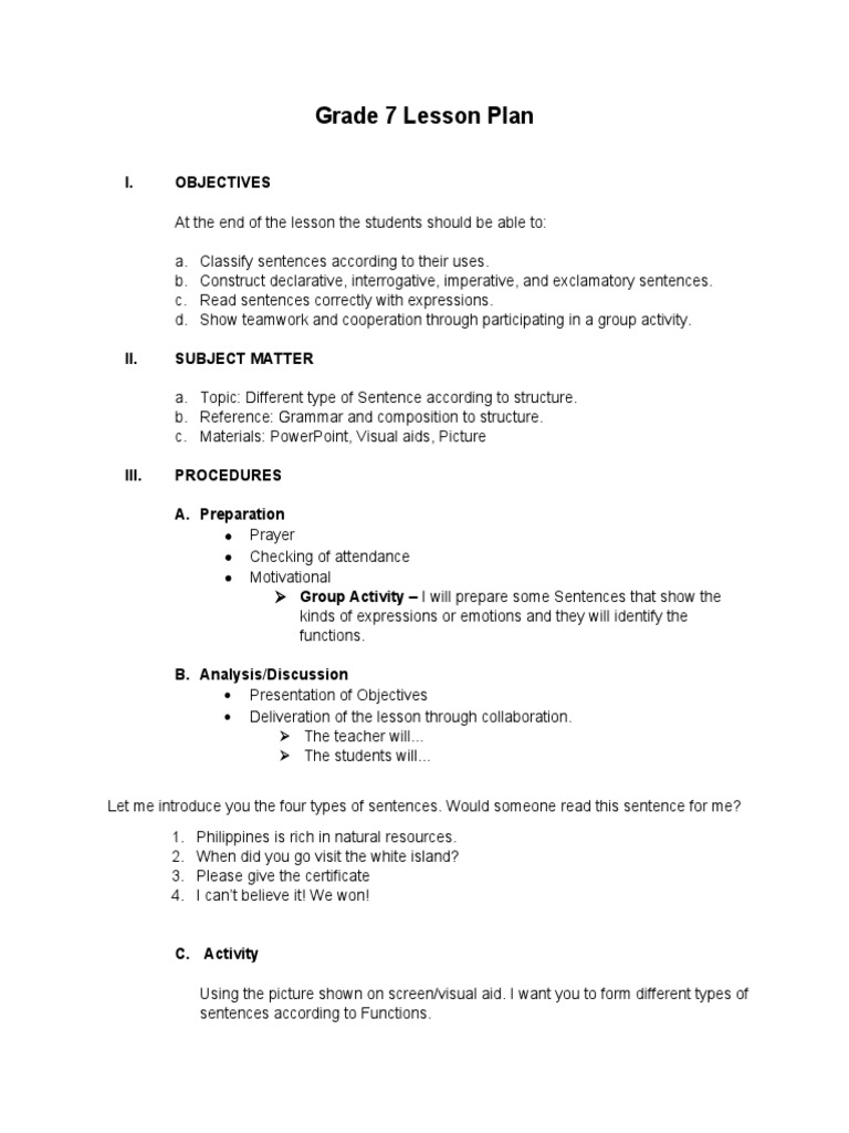 Grade 7 Lesson Plan | PDF | Sentence (Linguistics) | Lesson Plan