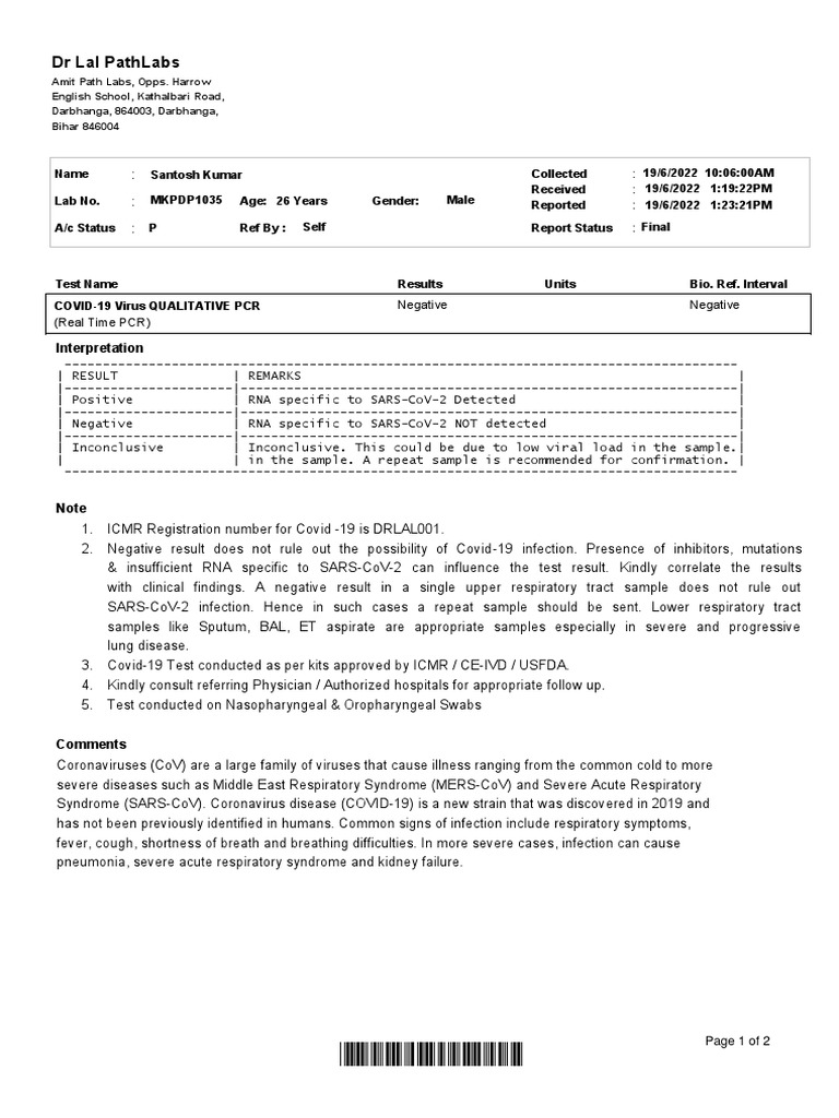 Santosh Kumar - RT-PCR Report | PDF | Respiratory Diseases | Diseases And Disorders