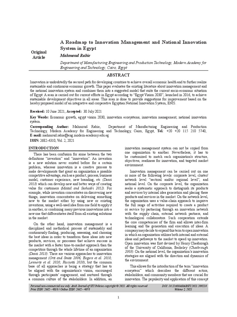 A Roadmap To Innovation Management and National Innovation System in Egypt | PDF | Innovation ...
