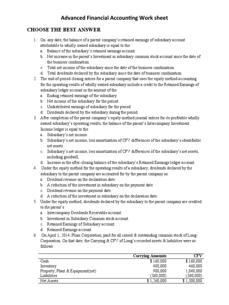 Advanced Financial Accounting Work Sheet | PDF | Equity (Finance ... Advanced Financial Accounting Work Sheet | PDF | Equity (Finance ...