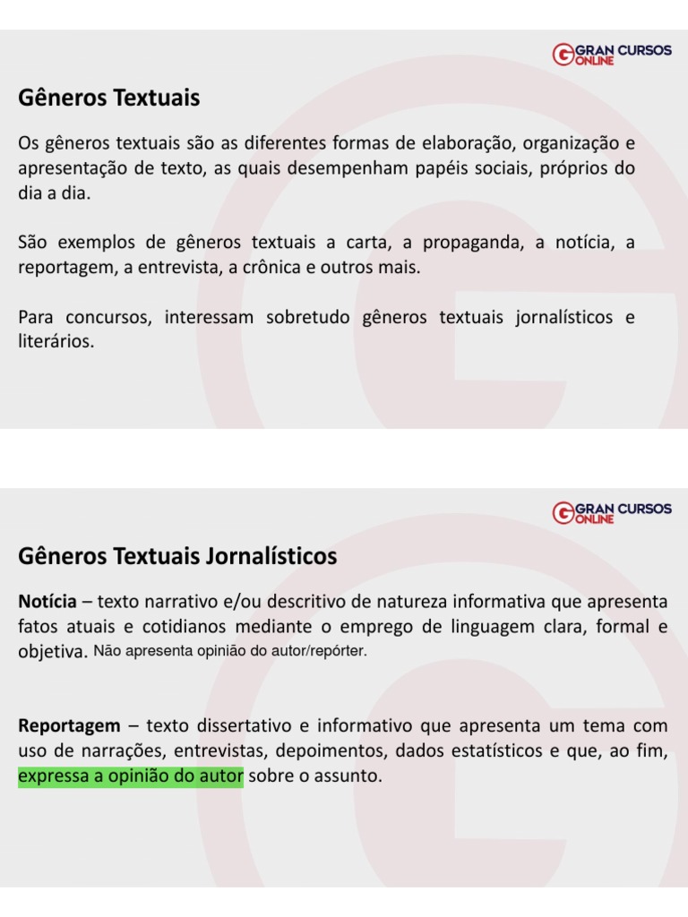 Os principais gêneros textuais jornalísticos e literários ...