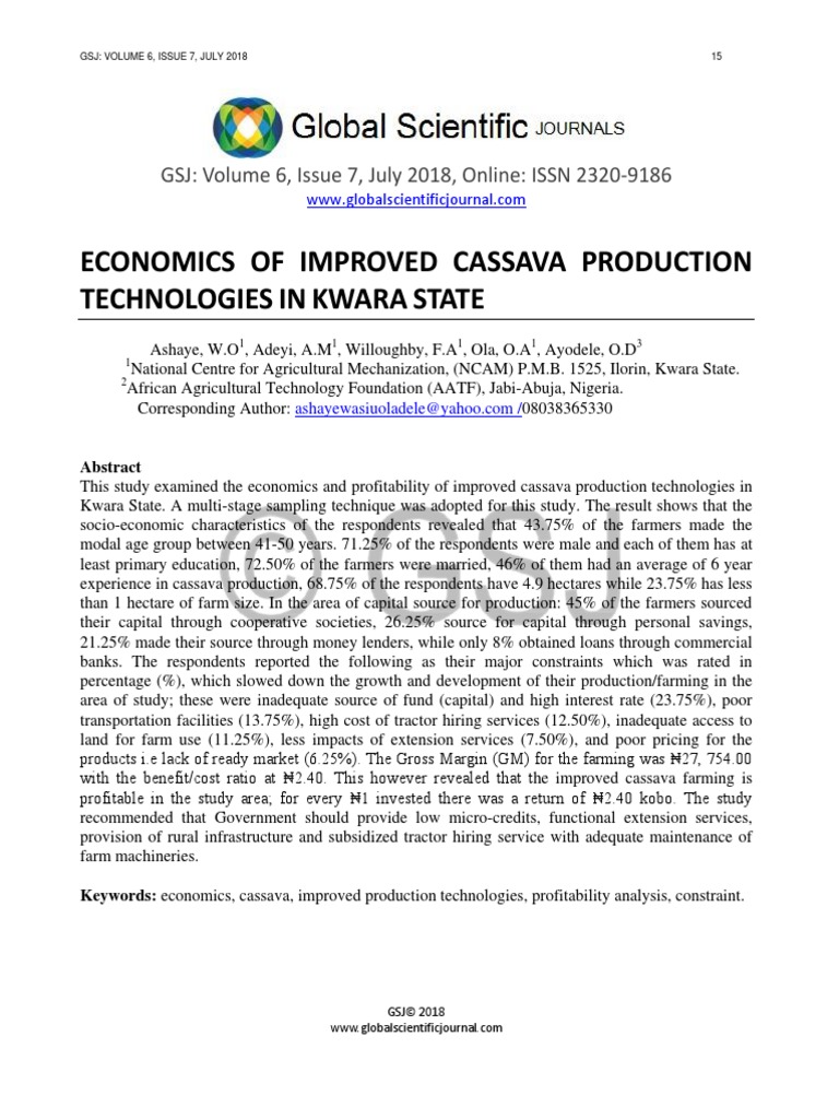 Economics of Improved Cassava Production Technologies in Kwara State ...