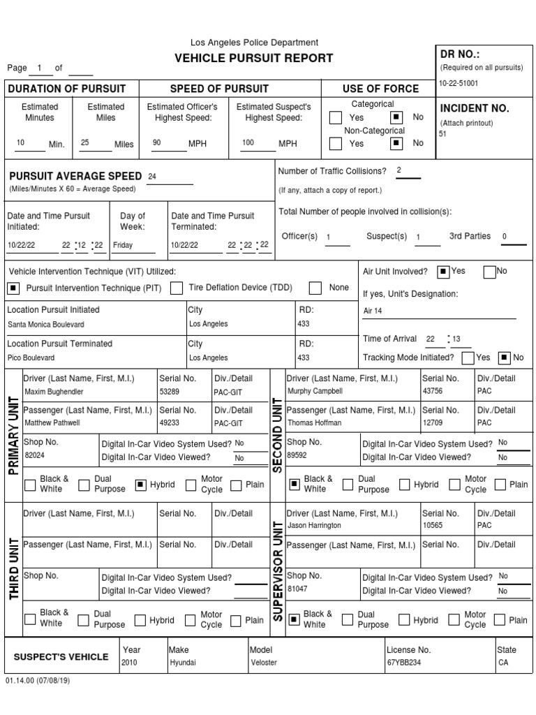 Vehicle Pursuit Report, Form 01.14.00 | PDF | Arrest | Traffic Collision