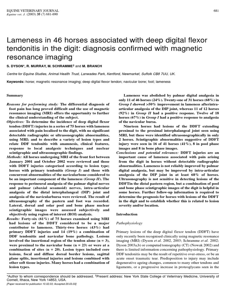 Lameness in 46 Horses Associated With Deep Digital Flexor Tendonitis in The Digit: Diagnosis ...