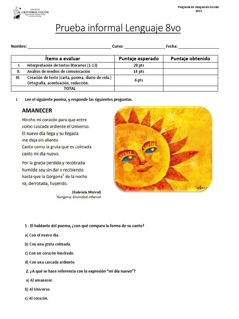 Prueba de Lenguaje 8vo: Evaluación 2022 | PDF