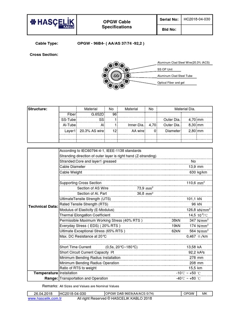Norway OPGW DUAL TUBE 96 G.652D-13.9mm 26042018 | PDF | Optical Fiber ...