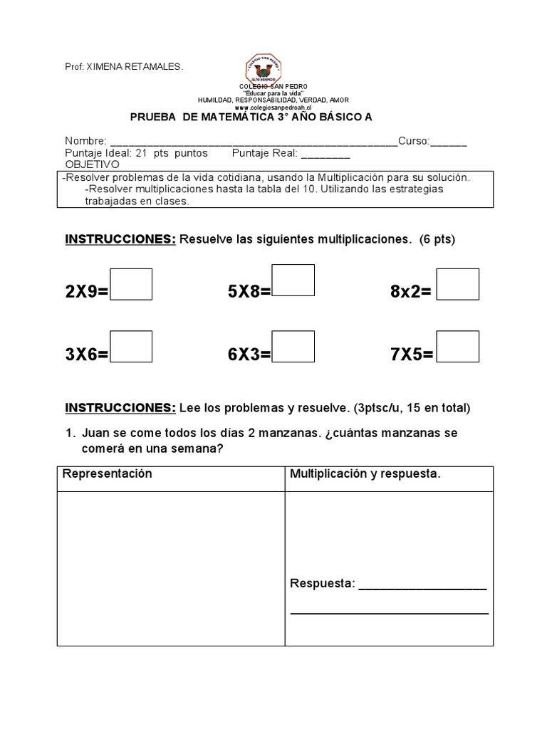 Prueba de Matemática 3° Básicos | PDF