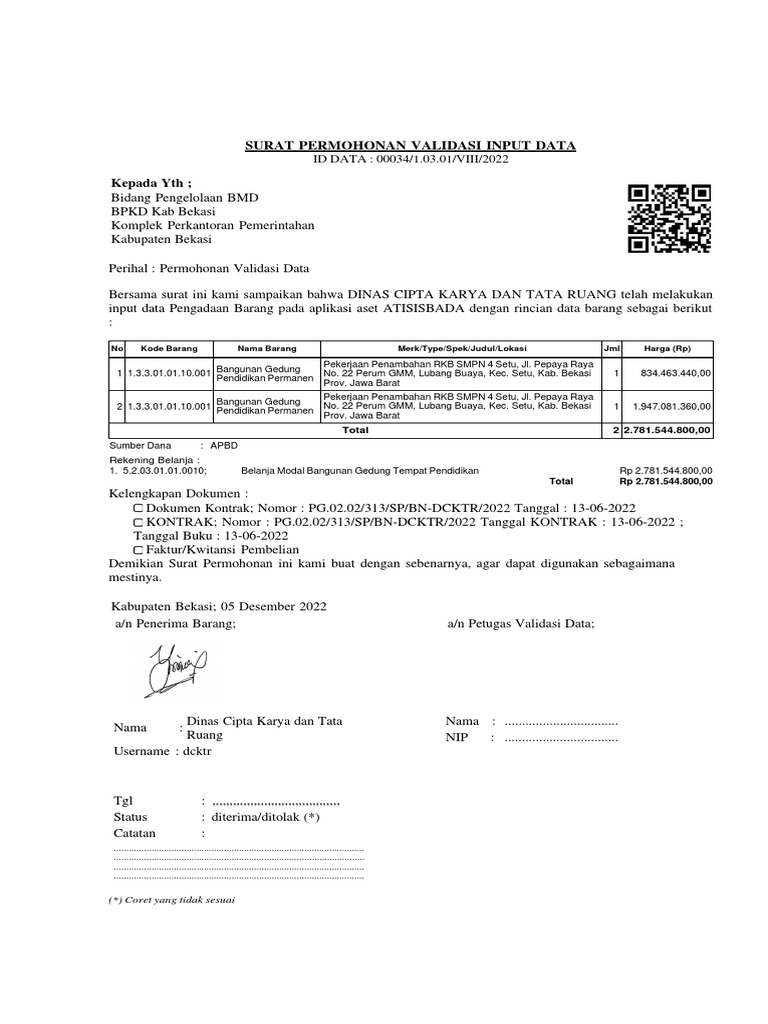 Surat Permohonan Validasi BMD - SMPN 4 Setu | PDF