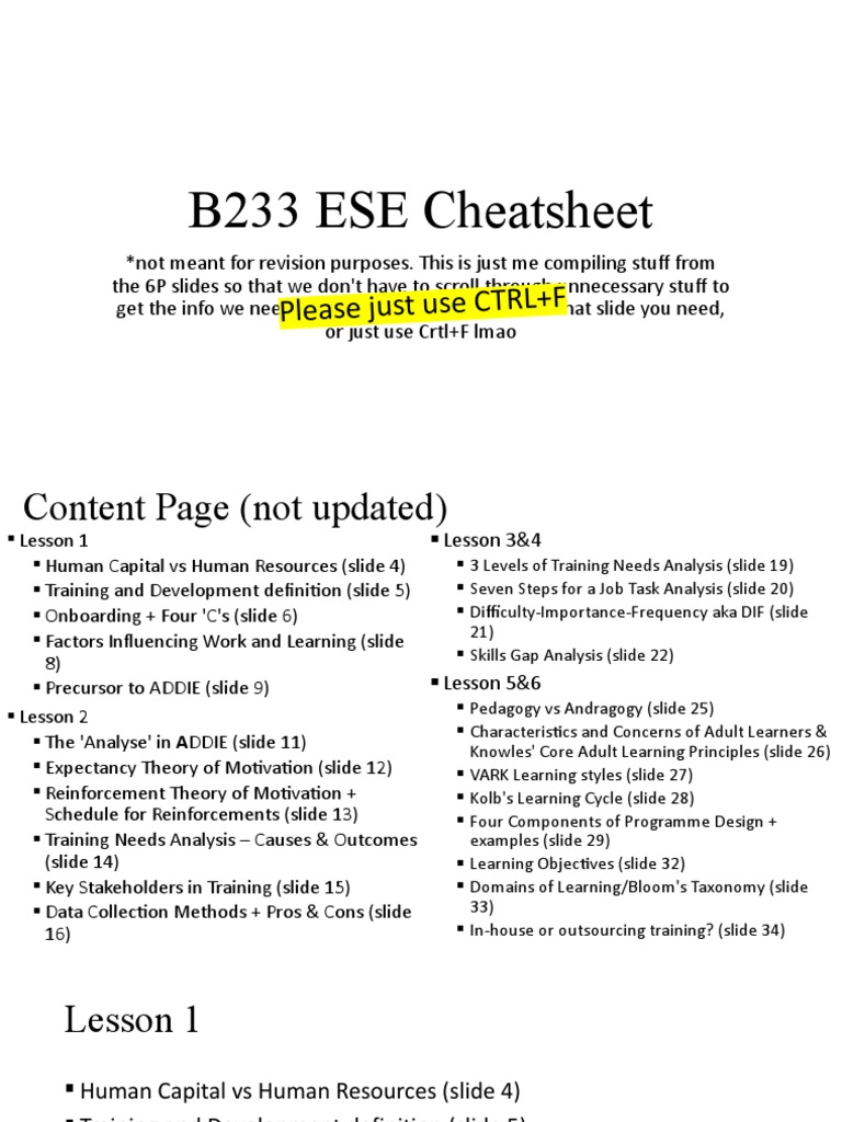 B233 ESE Cheatsheet: A Handy Reference Guide for ESE B233 Training and Development Concepts ...