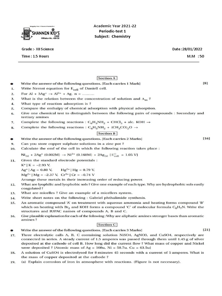 STD 12 Chem Periodic Test 2 | PDF | Teaching Methods & Materials ...