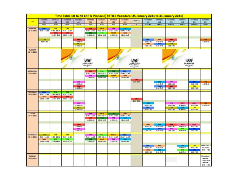 TIME TABLE (XI To XII CRP & Pinnacle) FIITJEE Vadodara (25 January 2021 To 31 January 2021) | PDF