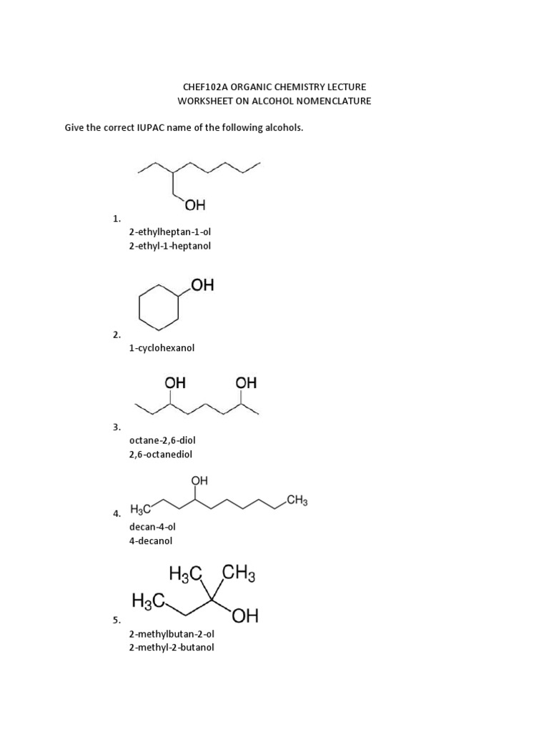 Alcohol Nomenclature Worksheet | PDF | Science & Mathematics