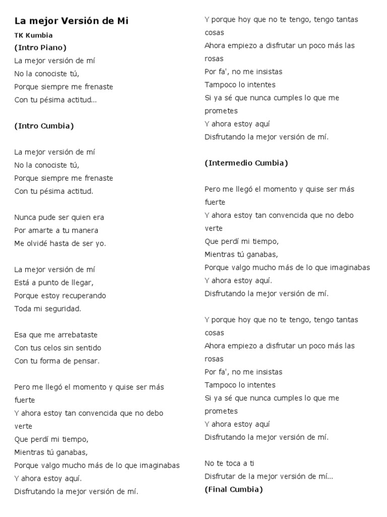 La Mejor Version de Mi - TK Kumbia | PDF