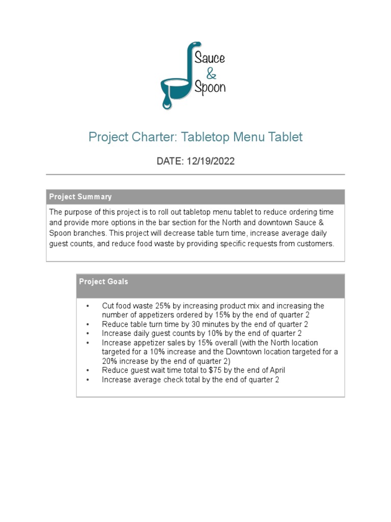 Project Charter - Tabletop Menu Tablet | PDF | Point Of Sale | Menu
