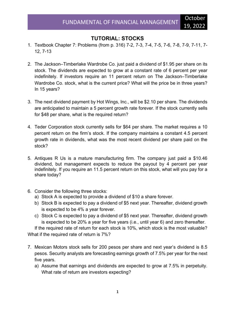 Tutorial 3 | PDF | Stocks | Dividend