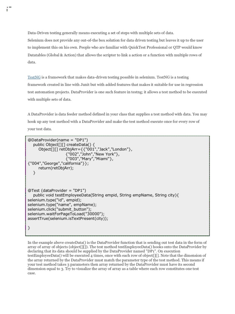 Data Driven Test Using Selenium Pdf Array Data Structure Search Engine Indexing