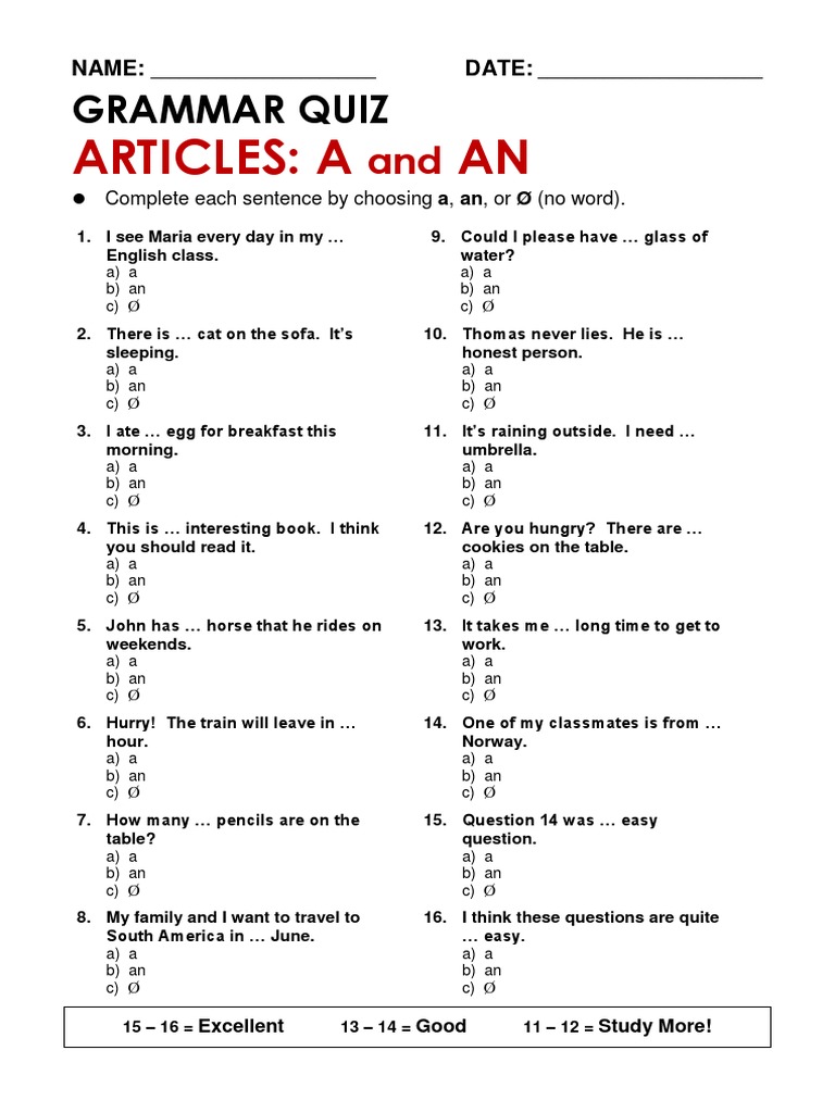 Articles: A AN: Grammar Quiz | PDF