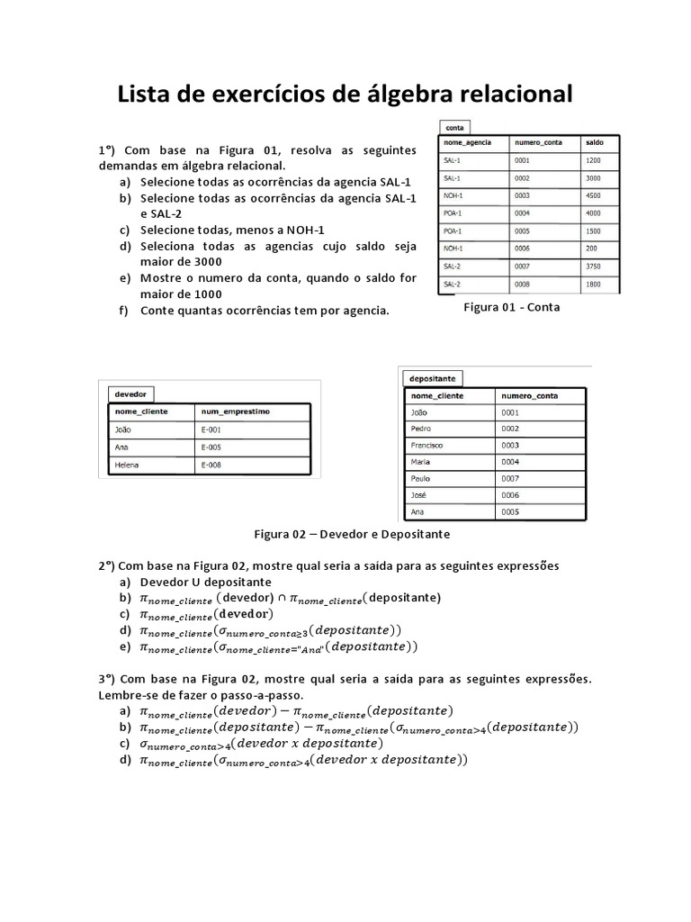 Lista de Exercícios de Álgebra Relacional | PDF