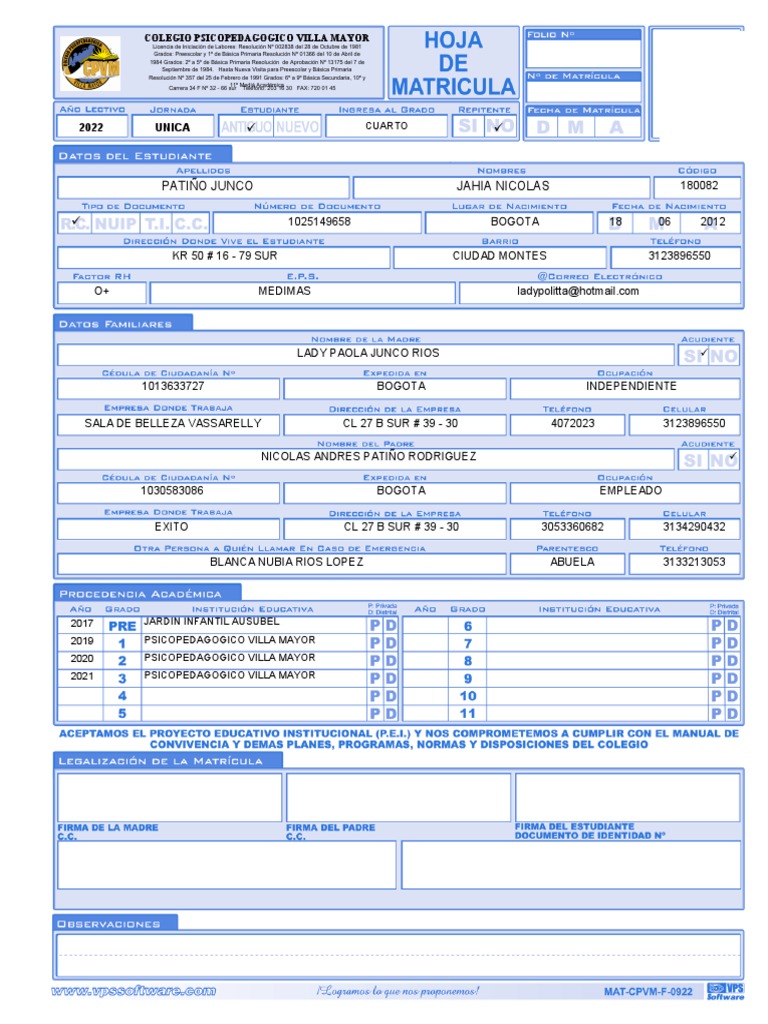 1.hoja de Matricula 180082 | Descargar gratis PDF | Etapas educativas