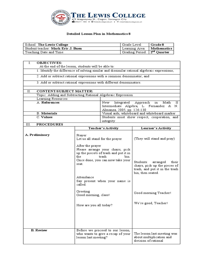 Lesson Plan | PDF | Arithmetic | Mathematics