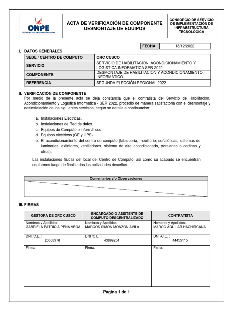 ORC CUSCO Acta de Desmontaje SER - ORC CUSCO | PDF | Informática | Edad de información