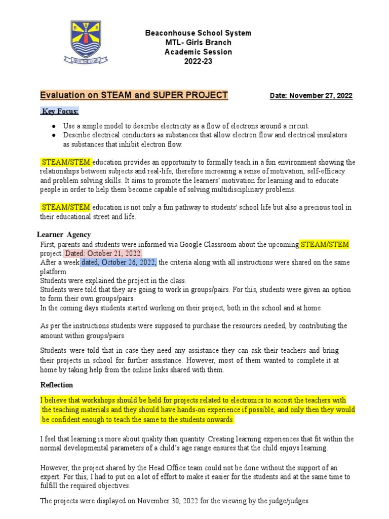 Evaluation On STEAM and SUPER PROJECT - Academic Year-2022 | PDF ...