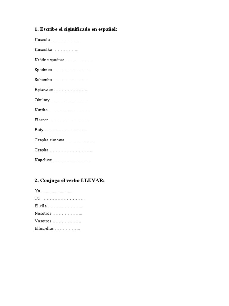 Test La Ropa Verbo Llevar | PDF | Estudios de idiomas extranjeros