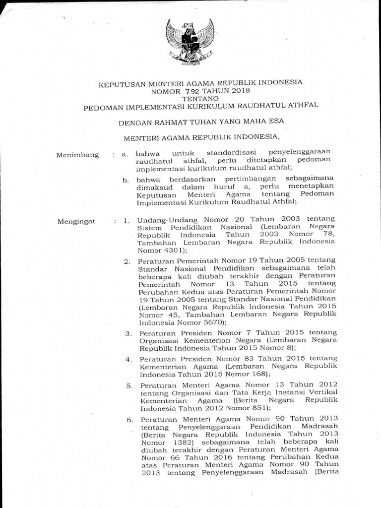 Kma-2018-792 Pedoman Implementasi Kurikulum Raudhatul Athfal (RA) | PDF