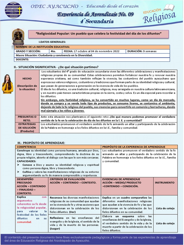 Planificador de La Experiencia #09 - 4° | PDF | Fe | Aprendizaje