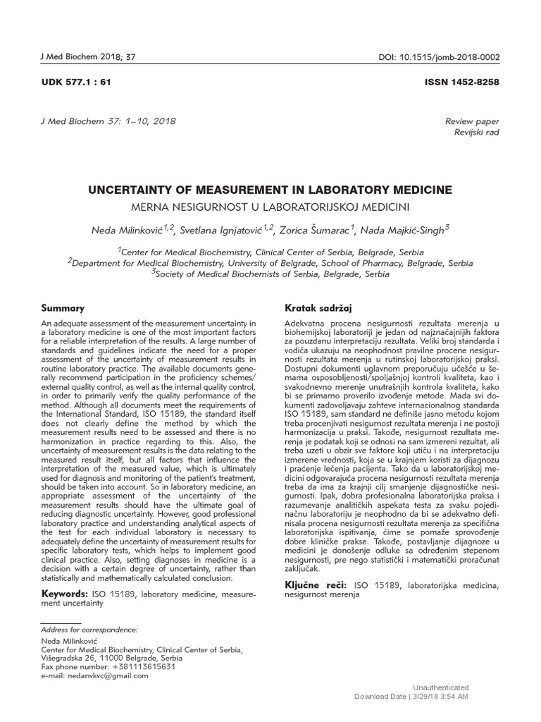 Assessment of Measurement Uncertainty in Laboratory Medicine: An Important Factor for Reliable ...